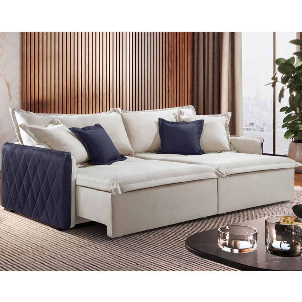 Sofá Aspen - Retrátil e Reclinável - Linho Urano com Bouclé Azul - 220cm - catalogo da Sono show